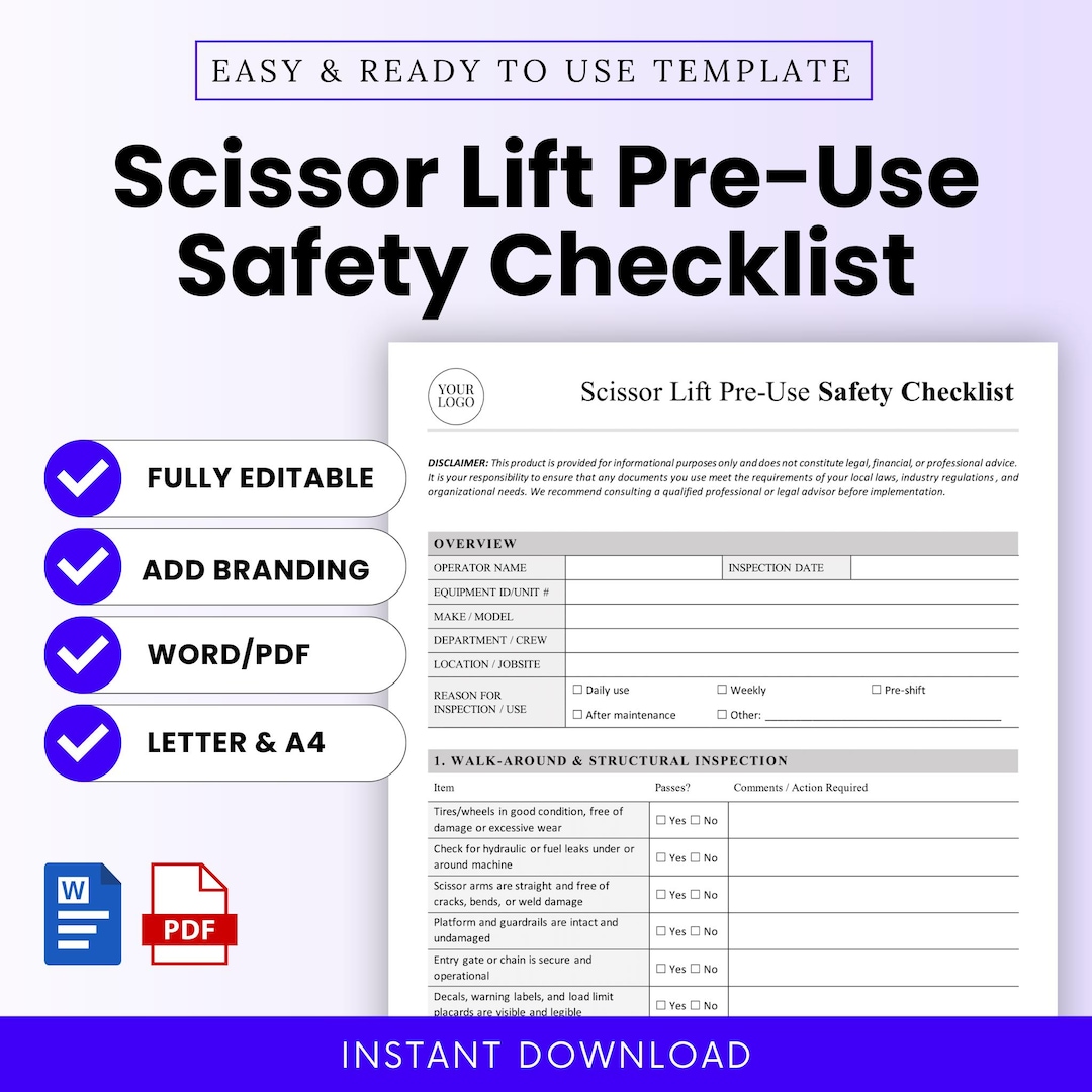 Scissor Lift Pre-use Safety Checklist Template – Word & PDF, A4 + US ...