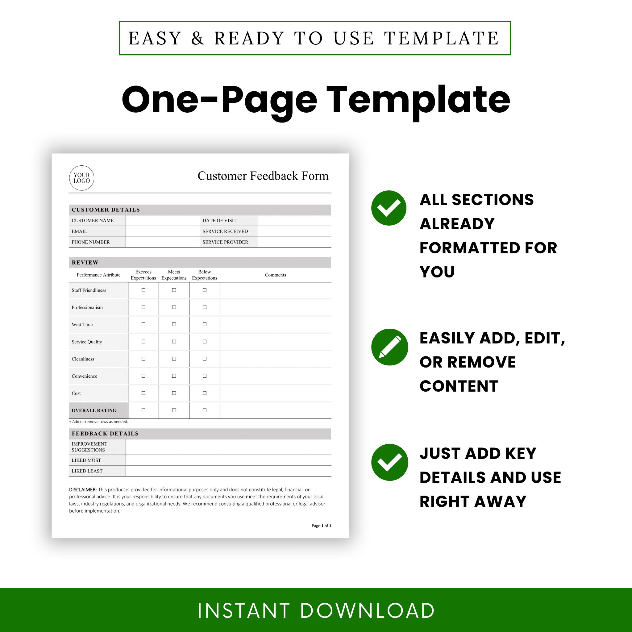 Simple Customer Feedback Form Template (word, PDF) | Customer Survey ...