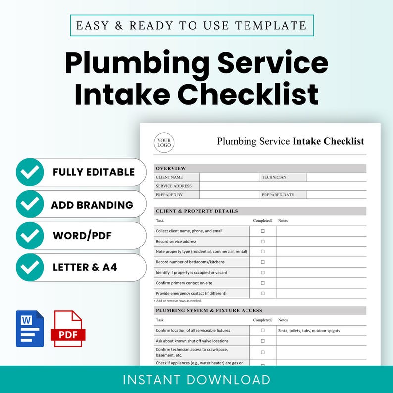 Plumbing Service Intake Checklist Template – Word & PDF, A4 + US Letter ...