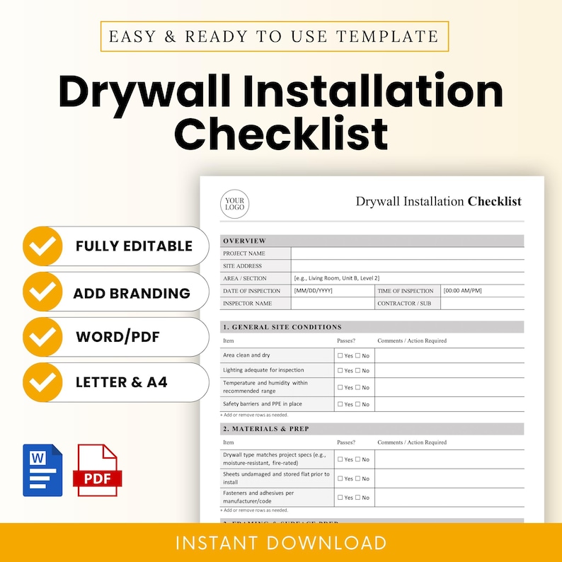 Drywall Installation Checklist Template – Word & PDF, A4 + US Letter - Etsy