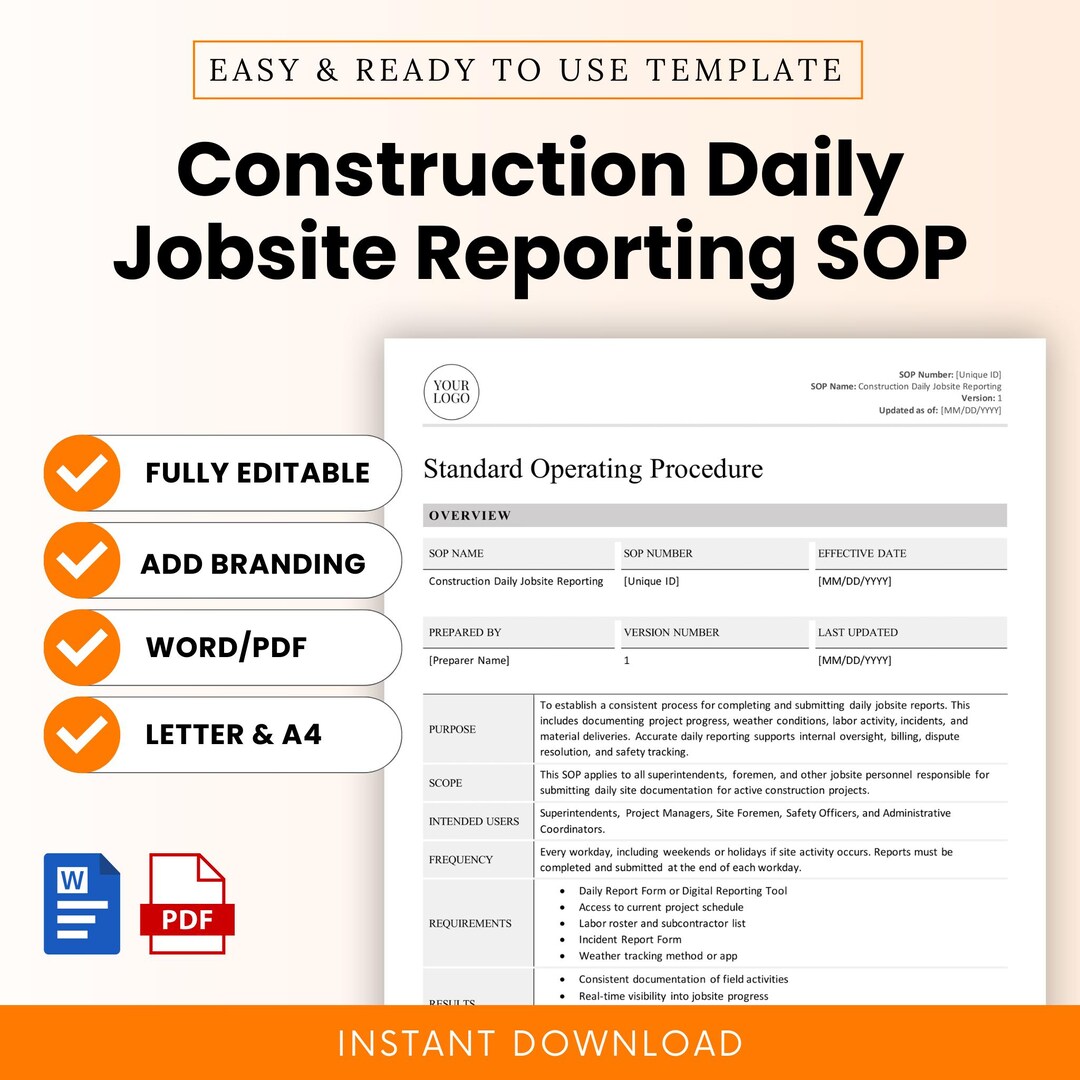 Construction Daily Jobsite Reporting SOP Template – Word & PDF, A4 + US ...