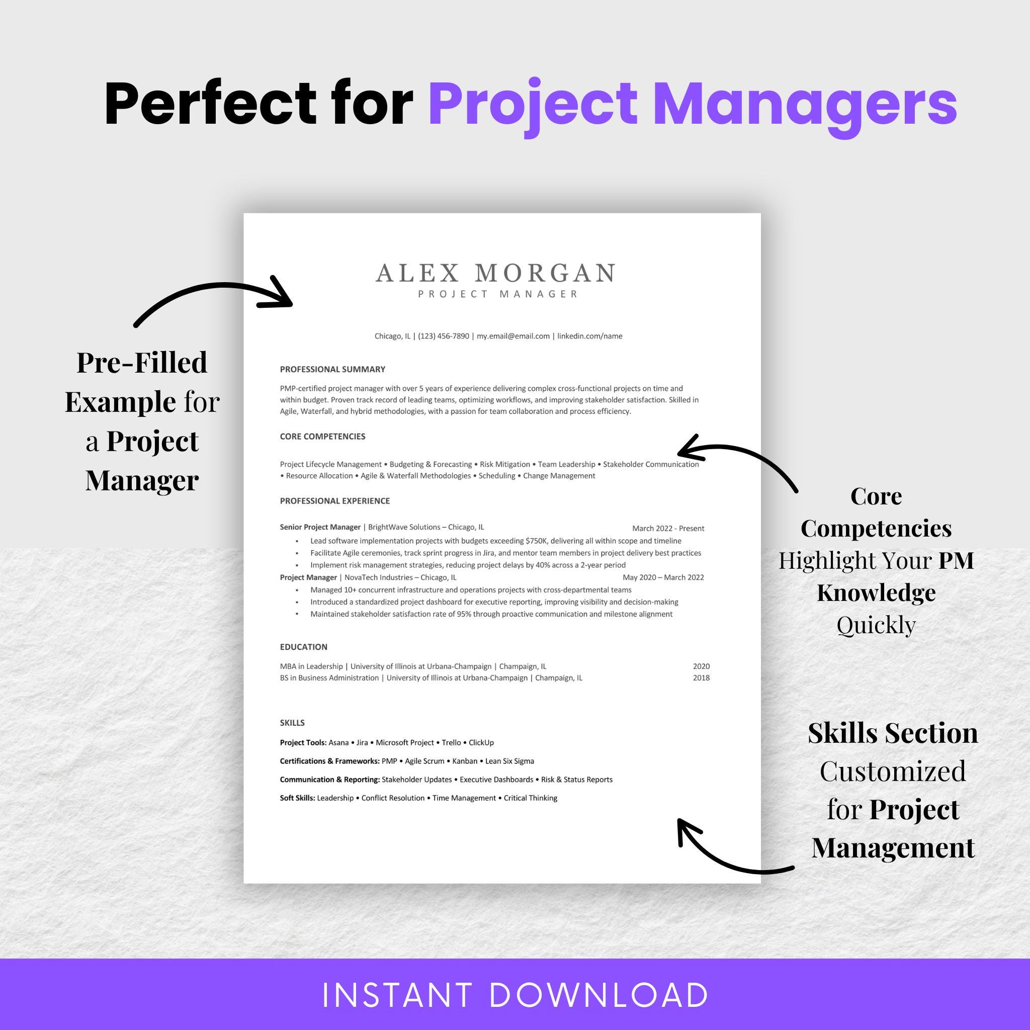 Project Manager Resume Template (word, PDF) | Ats-friendly Resume, PM ...