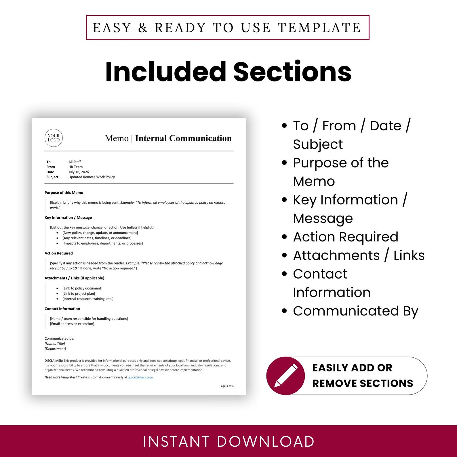 Memo Template (MS Word, PDF) | Internal Communication Template ...