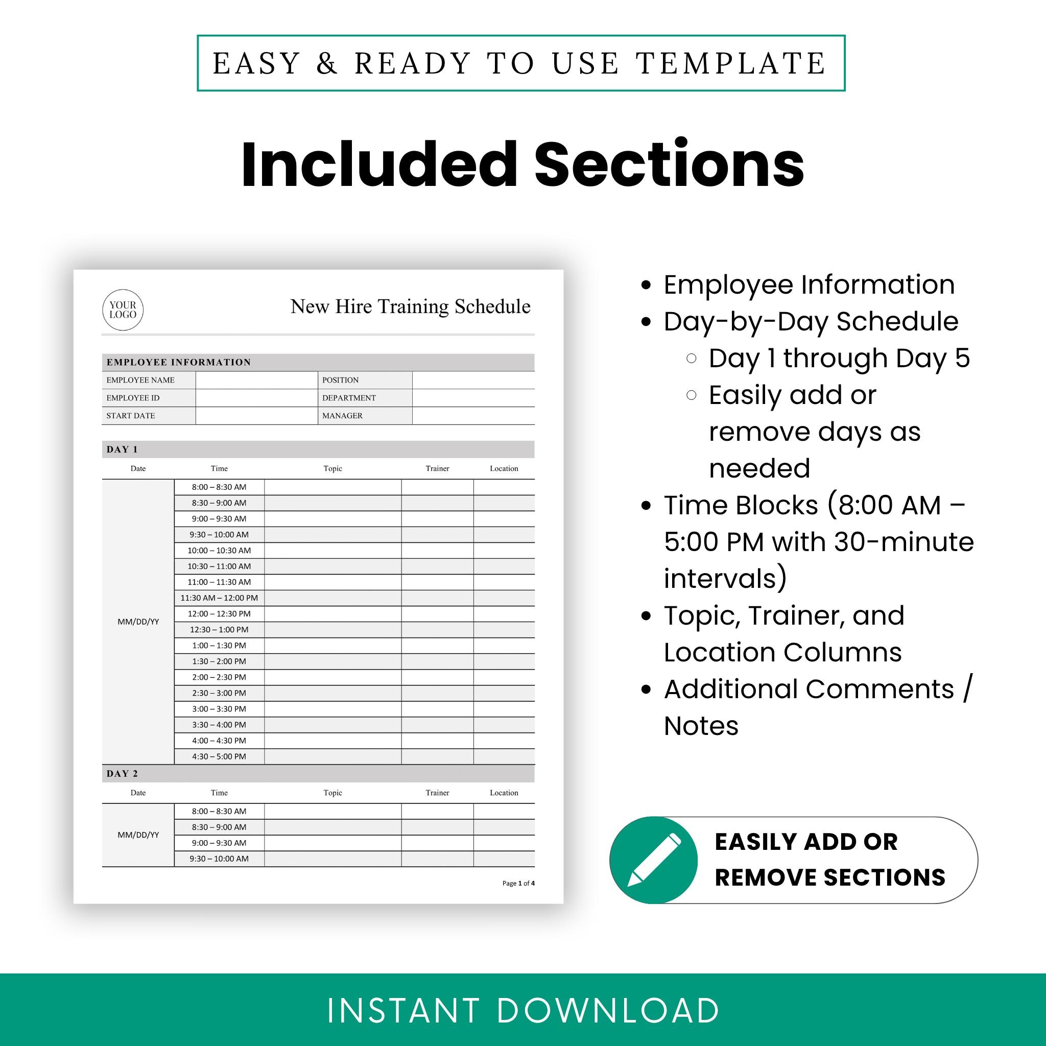 Simple New Hire Training Schedule Template (word, PDF) | HR Template ...