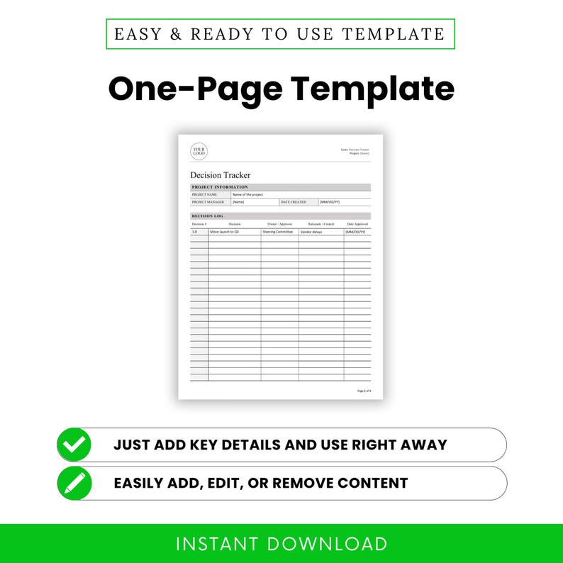 Simple Decision Tracker Template (word, PDF) | Project Decision Log ...