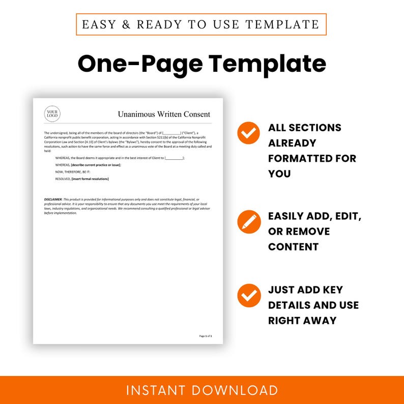 Nonprofit Unanimous Written Consent Template – Word & PDF, A4 + US ...