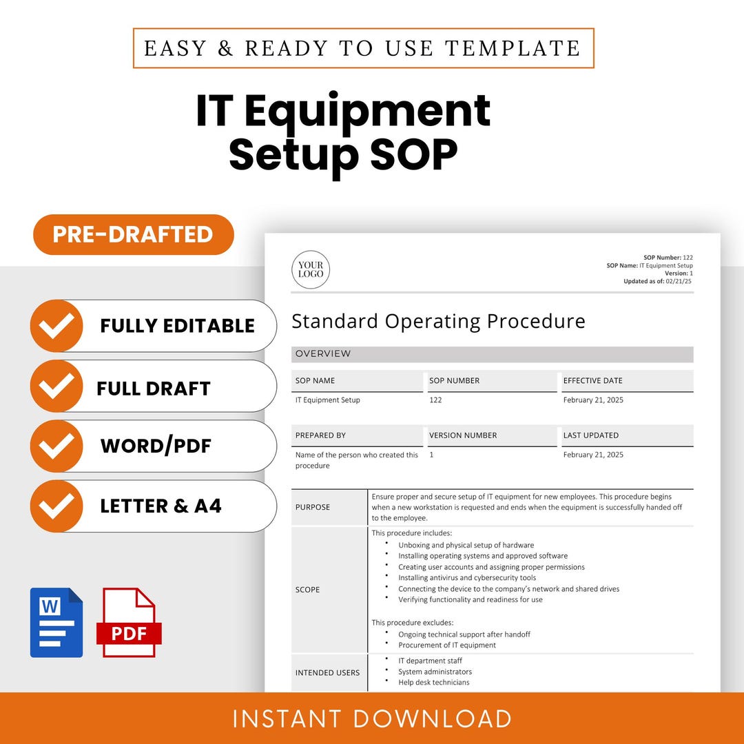 IT Equipment Setup SOP Template (word, PDF) | Simple Standard Operating ...