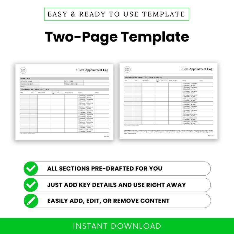 Simple Client Appointment Log Template – Word & PDF, A4 + US Letter - Etsy