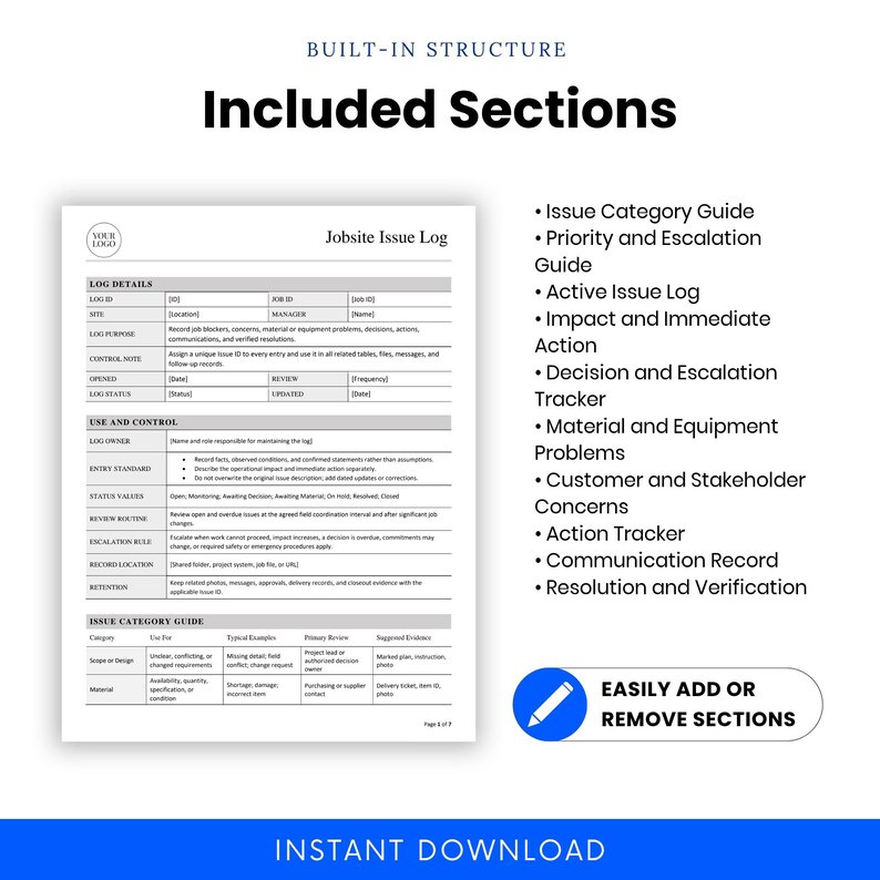 Drywall Business Jobsite Issue Log Template – Editable Word + PDF (A4 ...