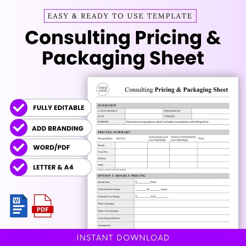 Consulting Pricing and Packaging Sheet Template – Word & PDF, A4 + US ...