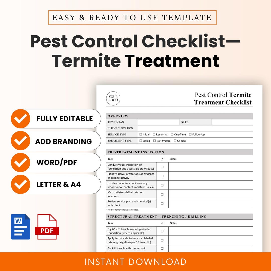 Pest Control Termite Treatment Checklist Template - Word & PDF, A4 + US ...