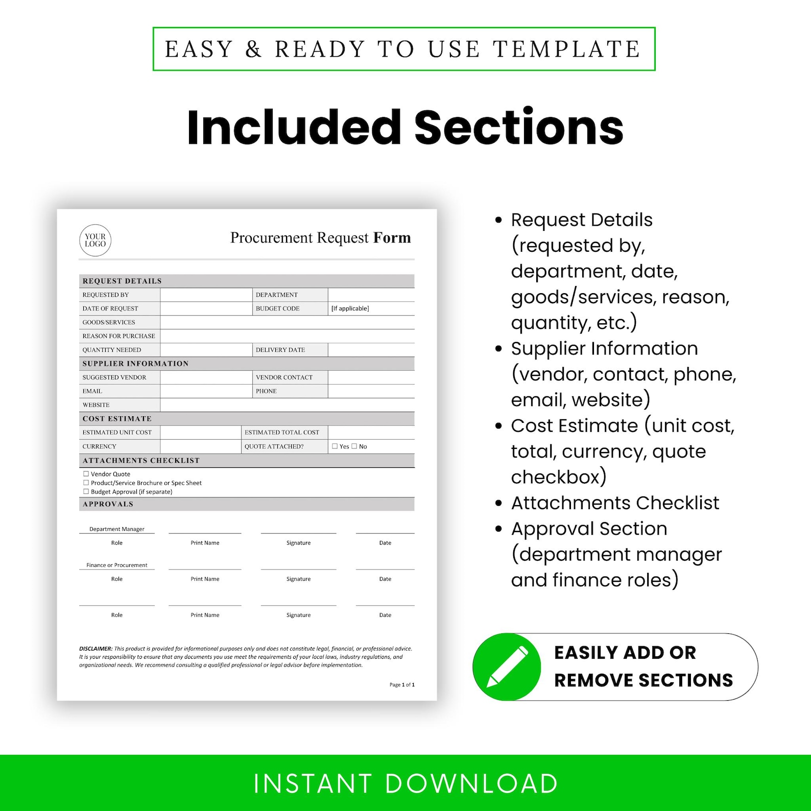 Simple Procurement Request Form Template – Word & PDF, A4 + US Letter ...