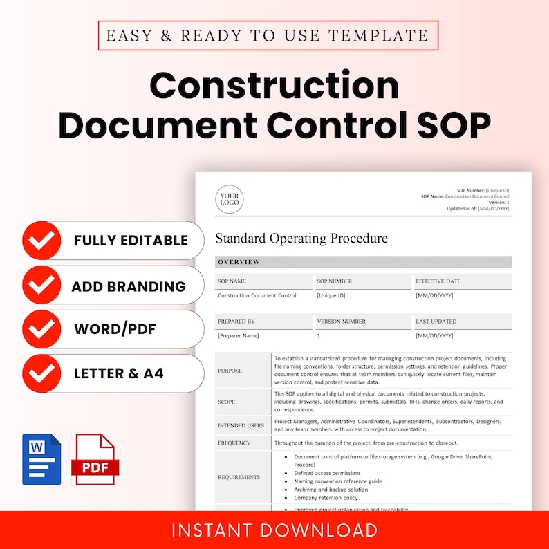 Construction Document Control SOP Template – Word & PDF, A4 + US Letter ...