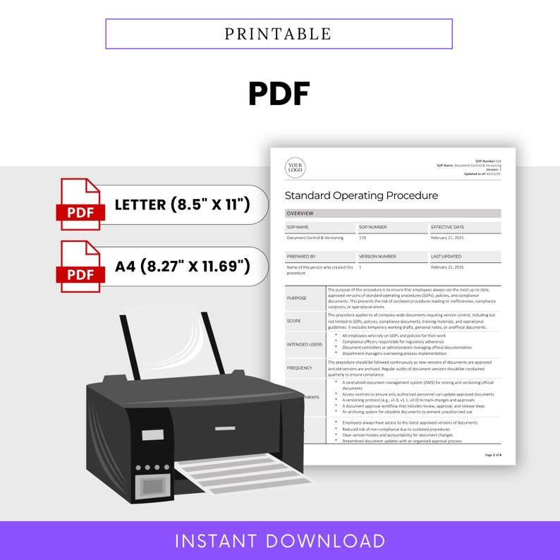 Document Control & Versioning SOP Template (word, PDF) | Simple ...