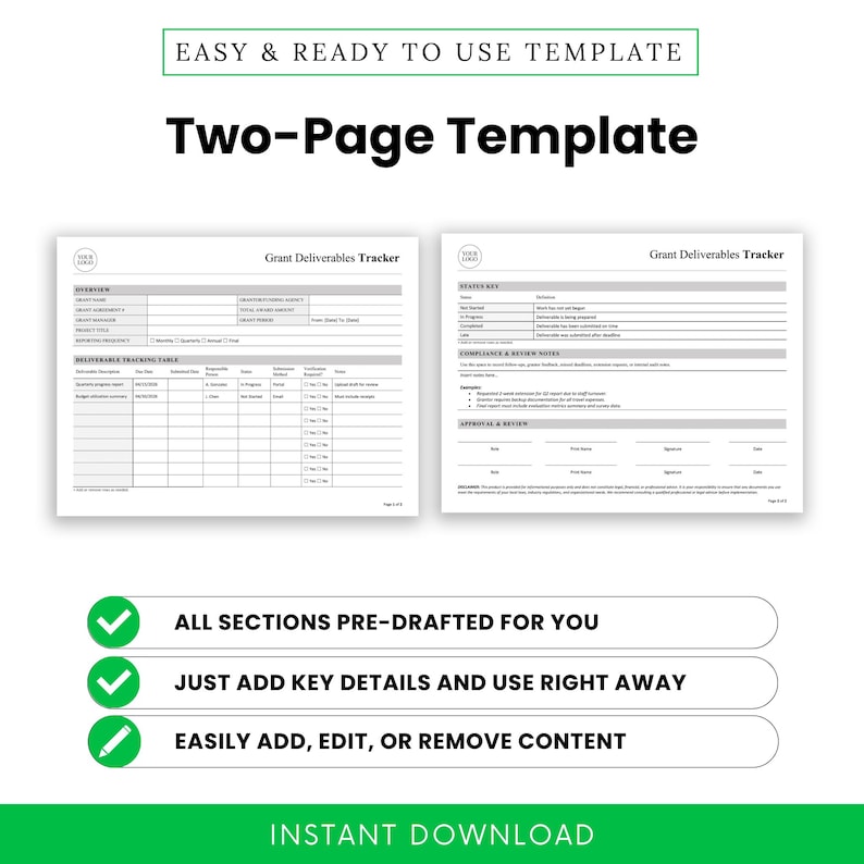 Simple Grant Deliverables Tracker Template – Word & PDF, A4 + US Letter ...