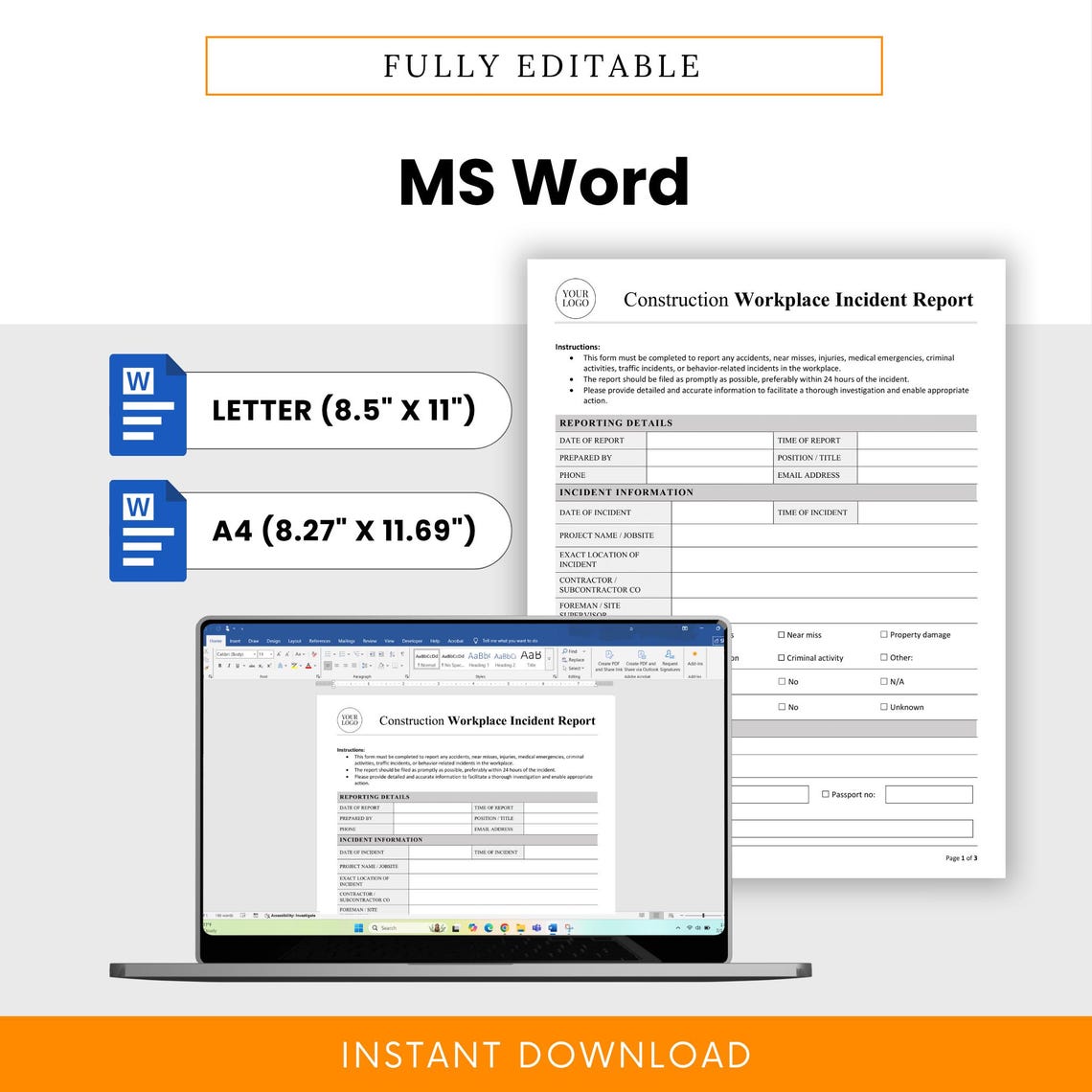 Construction Workplace Incident Report Form (word, PDF), Simple ...