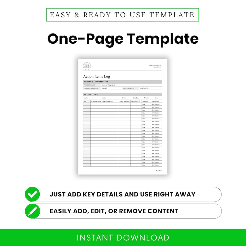 Simple Action Items Log Template (word, PDF) | Project Task Tracker ...