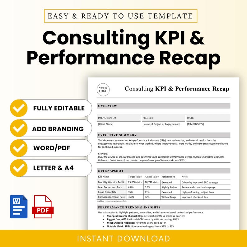 Consulting KPI and Performance Recap Template – Word & PDF, A4 + US ...