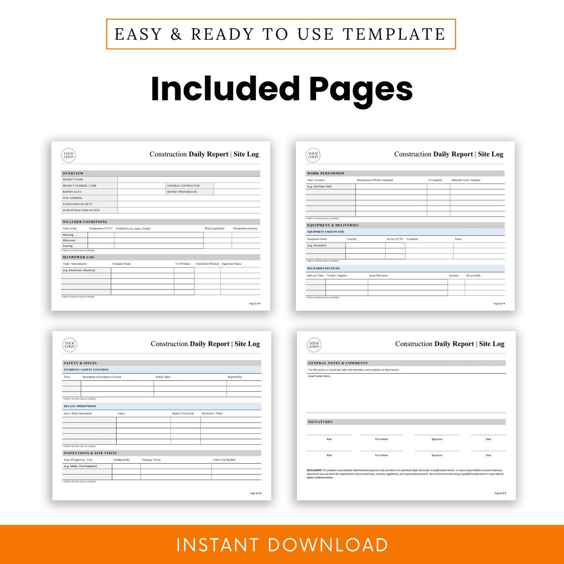 Construction Daily Report / Site Log Template – Word & PDF, A4 + US ...