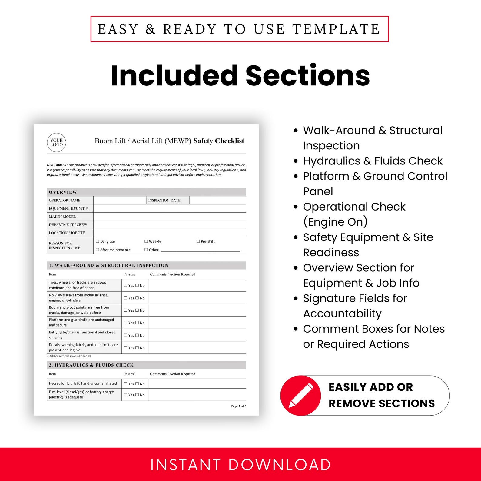 Boom Lift / Aerial Lift (MEWP) Safety Checklist Template – Word & PDF ...