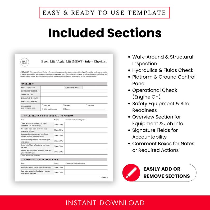 Boom Lift / Aerial Lift (MEWP) Safety Checklist Template – Word & PDF ...
