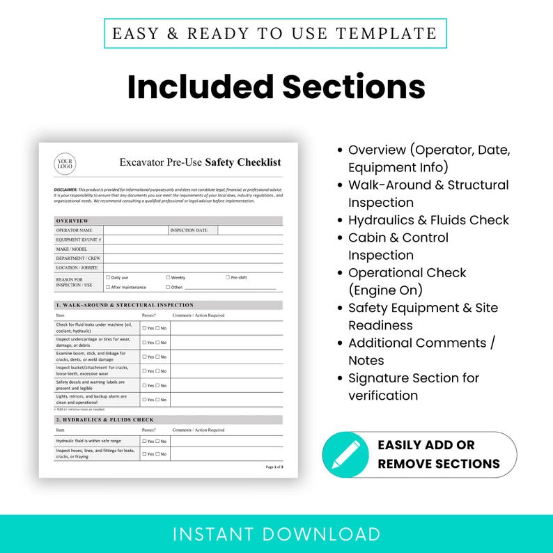 Excavator Pre-use Safety Checklist Template – Word & PDF, A4 + US ...