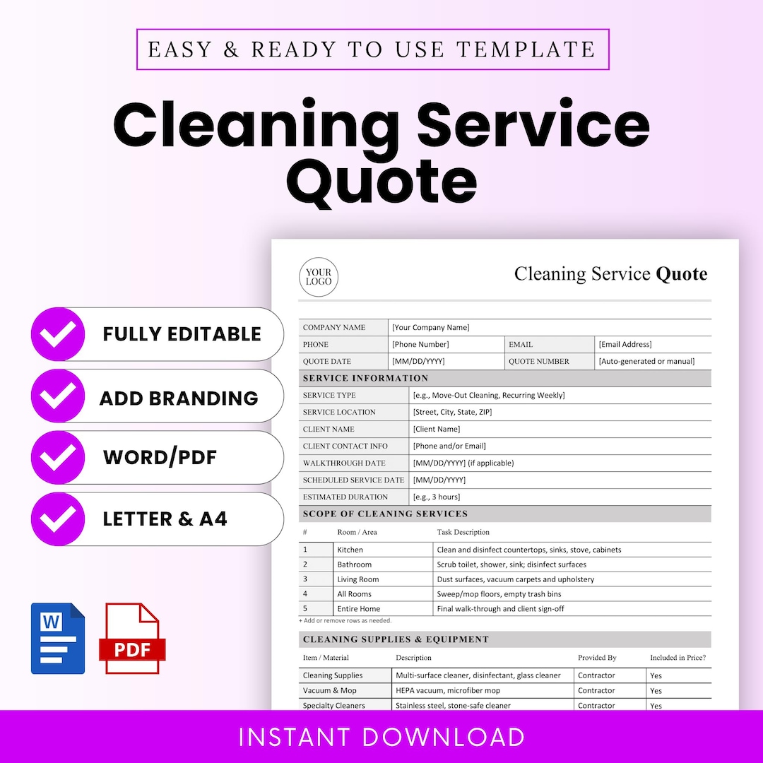 Cleaning Service Quote Template – Word & PDF, A4 + US Letter - Etsy