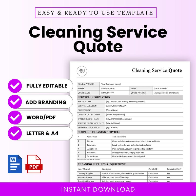 Cleaning Service Quote Template – Word & PDF, A4 + US Letter - Etsy