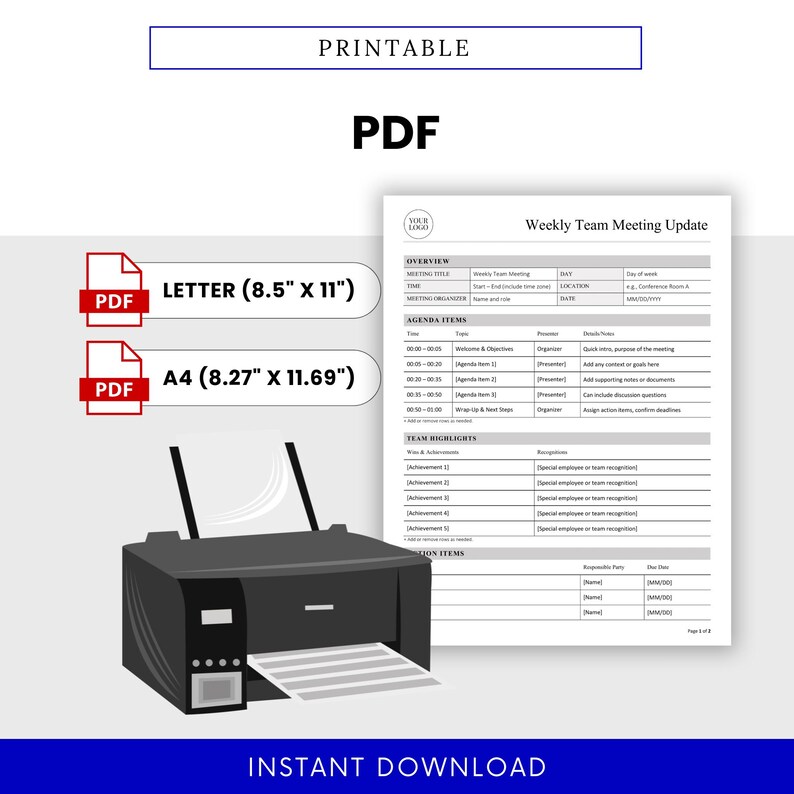 Weekly Team Meeting Updates Template (word, PDF) | Simple Meeting ...