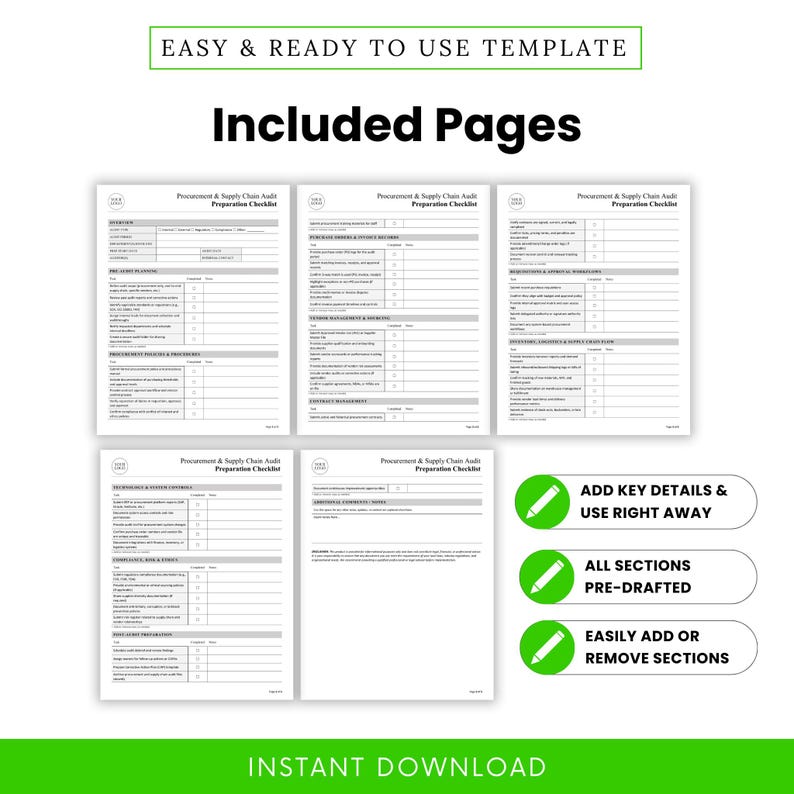 Procurement and Supply Chain Audit Preparation Checklist Template – Word & PDF, A4 + US Letter ...