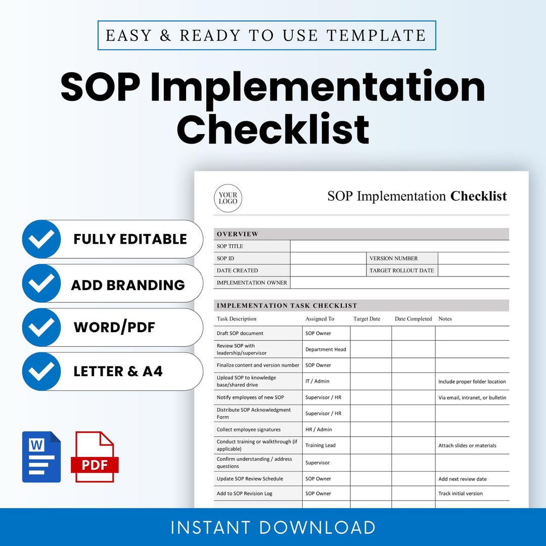SOP Implementation Checklist Template – Word & PDF, A4 + US Letter - Etsy