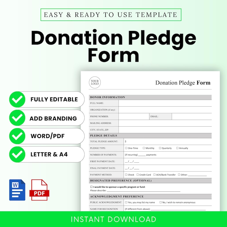 Donation Pledge Form Template – Word & PDF, A4 + US Letter - Etsy