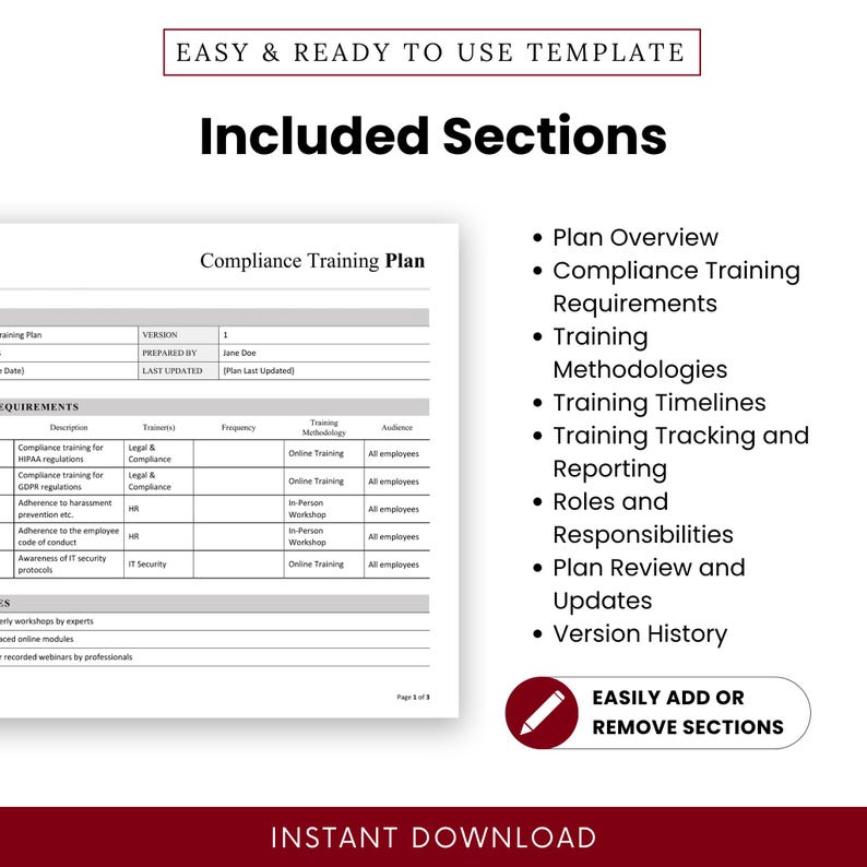 Compliance Training Plan Template (word, PDF), Employee Training Planner, New Hire Onboarding ...