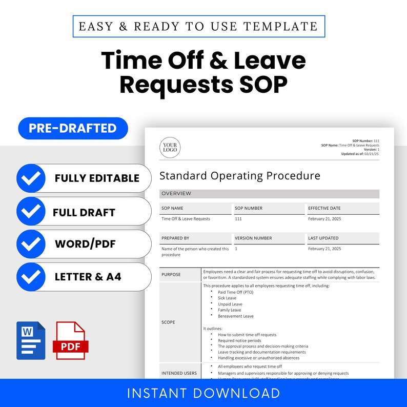 Time off & Leave Requests SOP Template (word, PDF) | Simple Standard ...