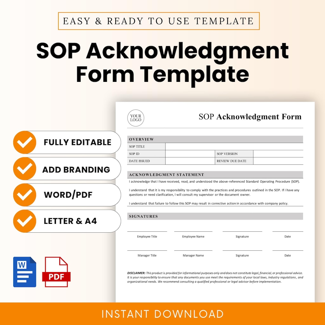 SOP Acknowledgment Form Template – Word & PDF, A4 + US Letter - Etsy