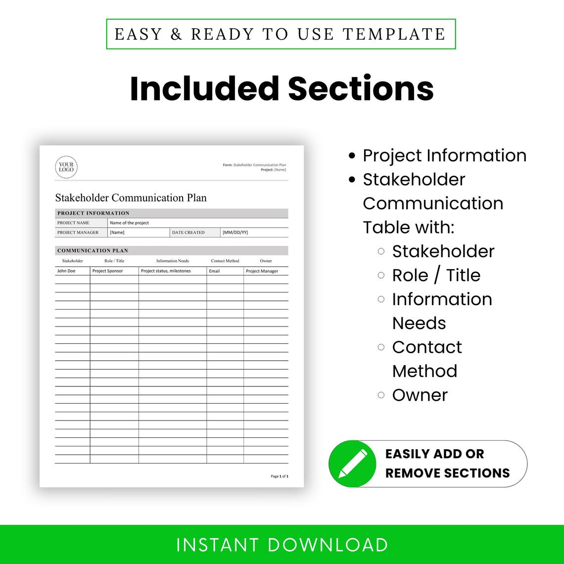Simple Stakeholder Communication Plan Template (word, PDF) | Project ...