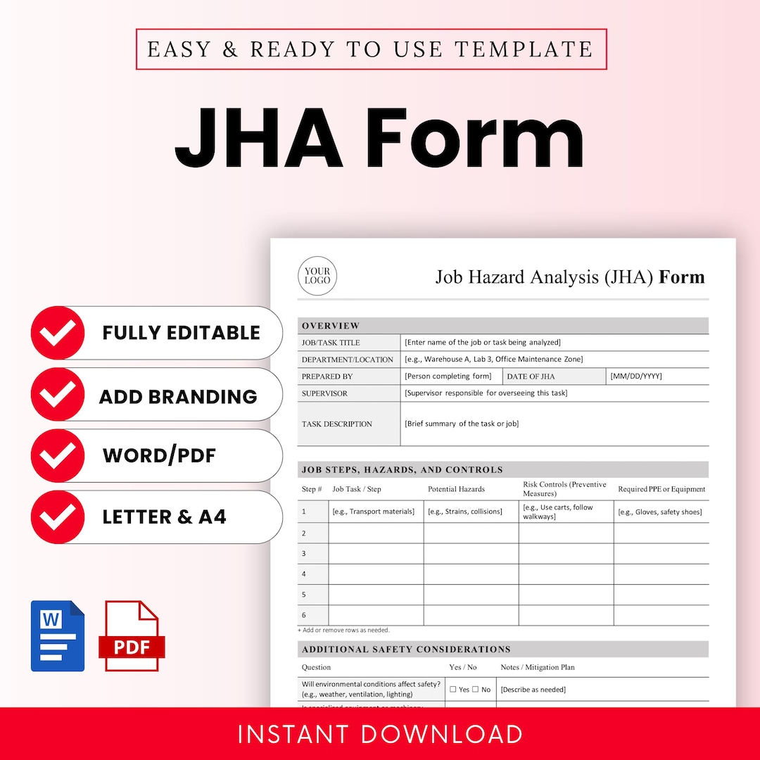Job Hazard Analysis (JHA) Form Template – Word & PDF, A4 + US Letter ...