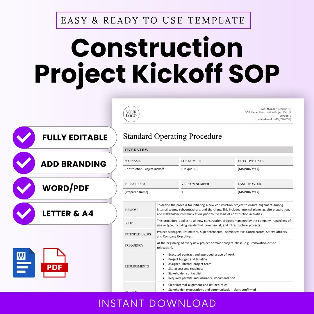 Construction Project Kickoff SOP Template – Word & PDF, A4 + US Letter ...