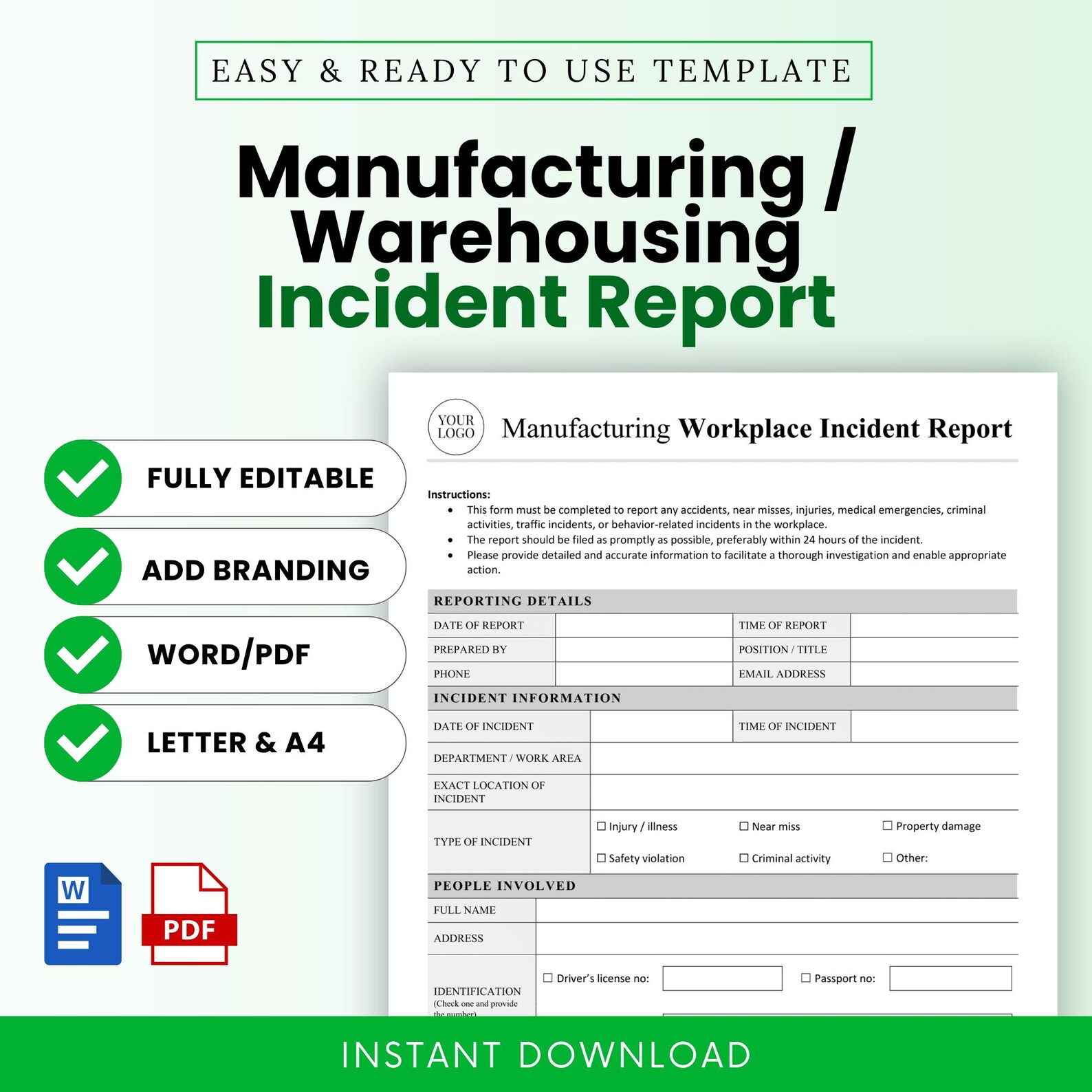 Manufacturing Incident Report Form (word, PDF) | Workplace Incident ...