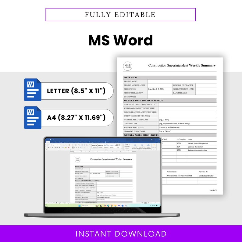 Construction Superintendent Weekly Summary Report Template – Word & PDF ...
