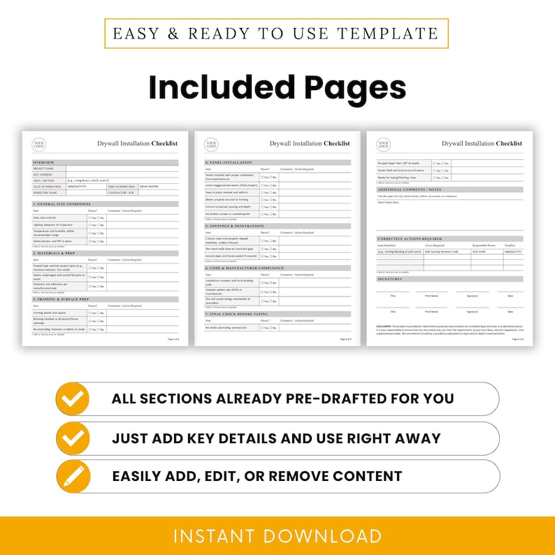 Drywall Installation Checklist Template – Word & PDF, A4 + US Letter - Etsy