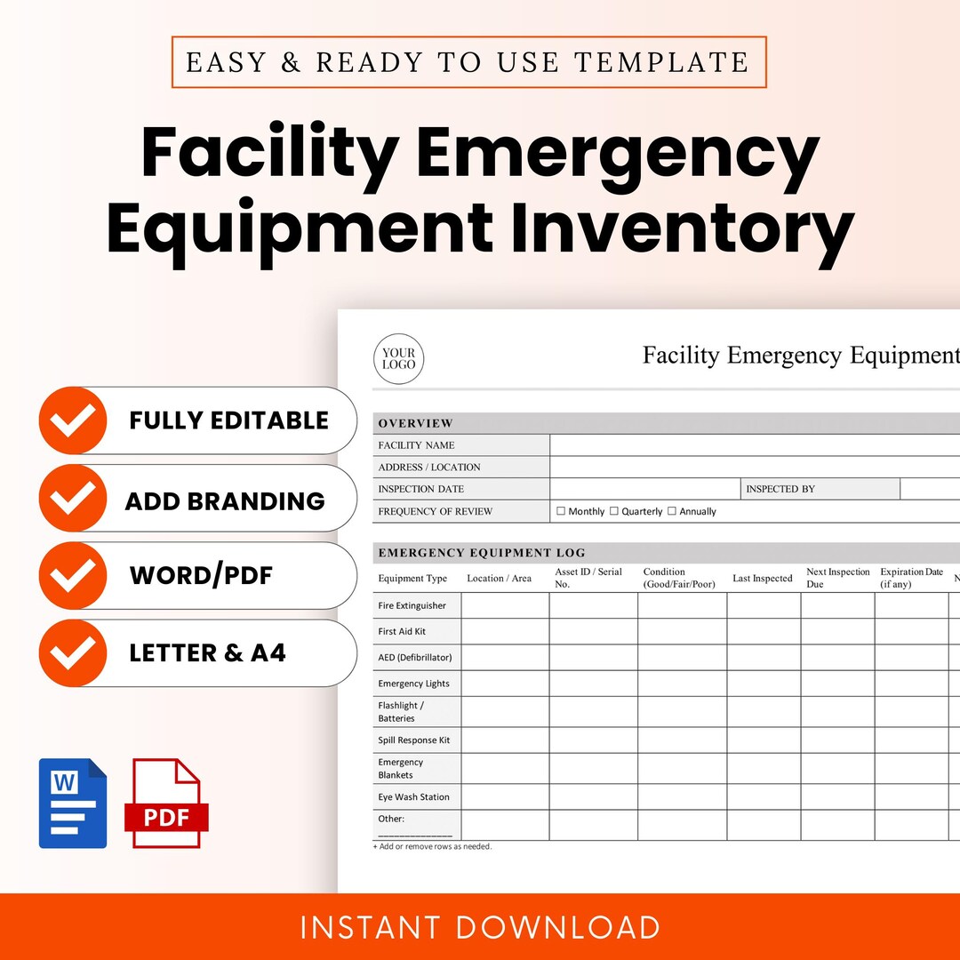 Facility Emergency Equipment Inventory Template - Word & PDF, A4 + US ...