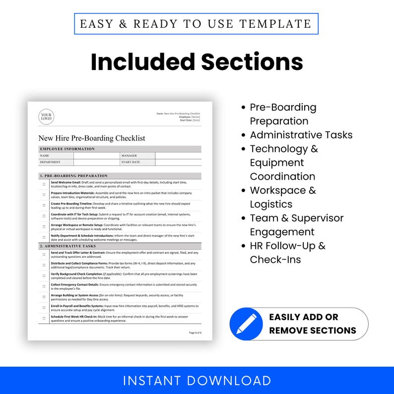 New Hire Pre-boarding Checklist (MS Word, PDF) | Simple HR Template ...