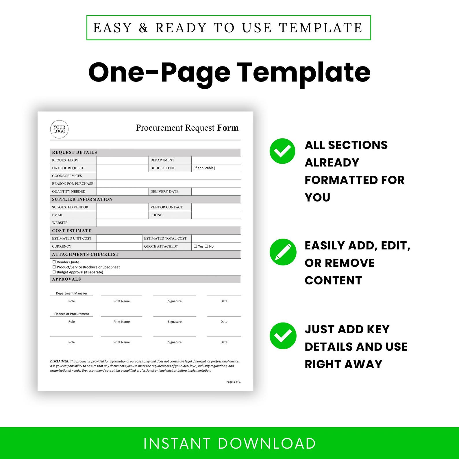 Simple Procurement Request Form Template – Word & PDF, A4 + US Letter ...