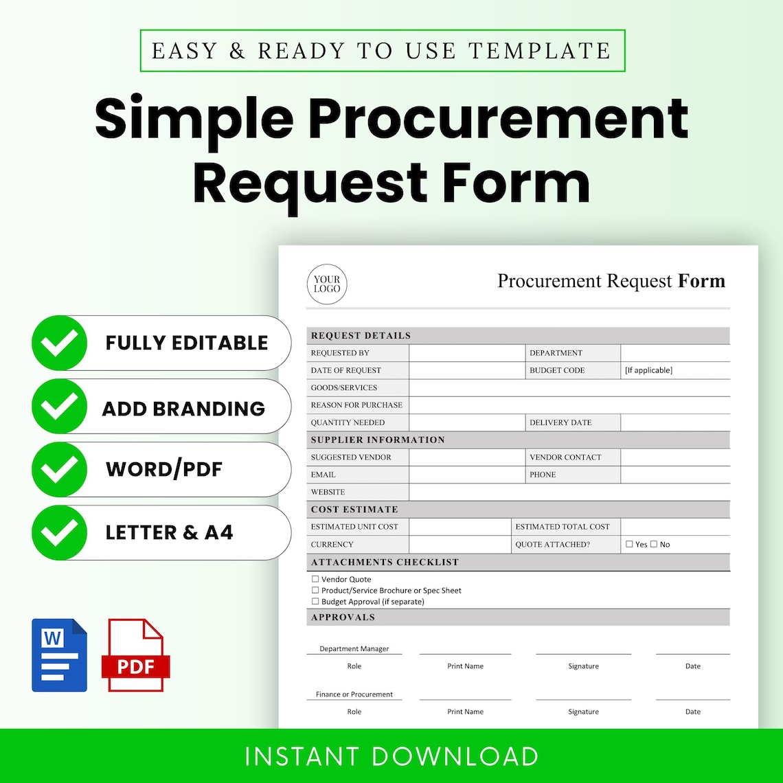 Simple Procurement Request Form Template – Word & PDF, A4 + US Letter ...