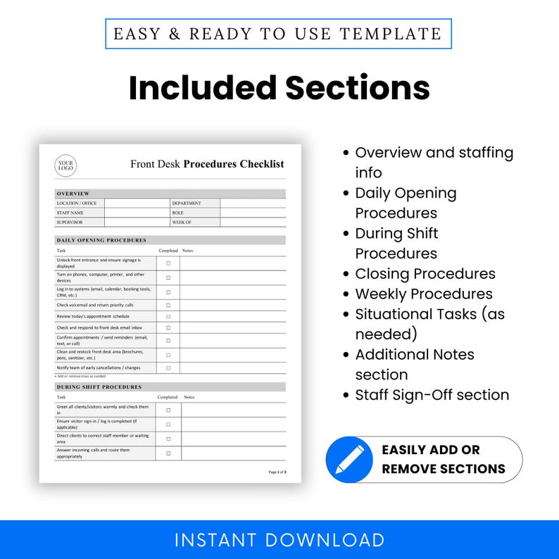Front Desk Procedures Checklist Template – Word & PDF, A4 + US Letter ...
