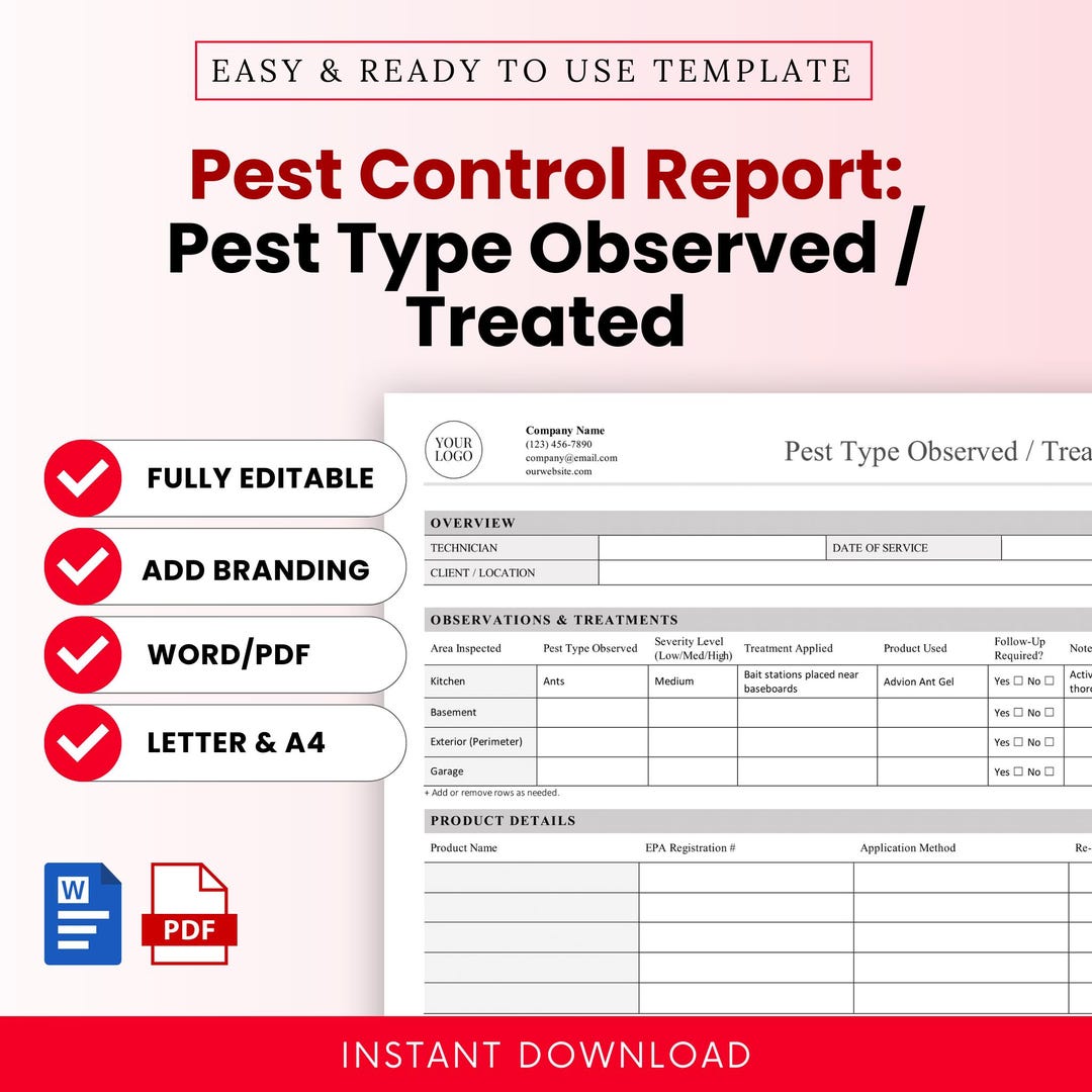 Pest Control Report Template – Pest Type Observed / Treated - Word ...