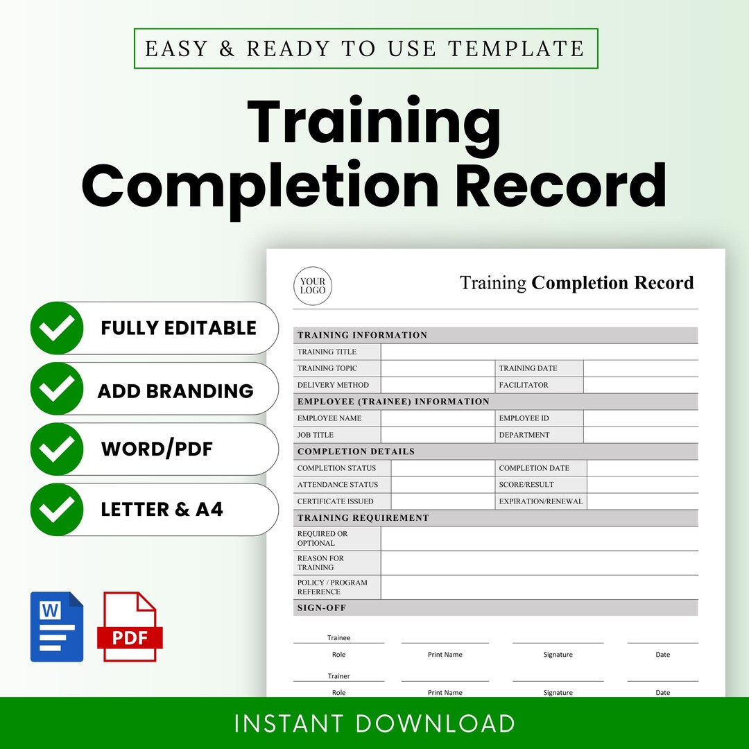 Training Completion Record Template – Word & PDF, A4 + US Letter - Etsy UK