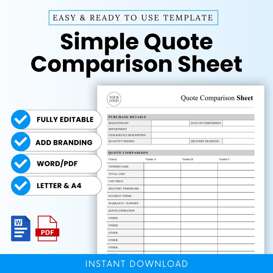 Simple Vendor Quote Comparison Sheet Template – Word & PDF, A4 + US ...