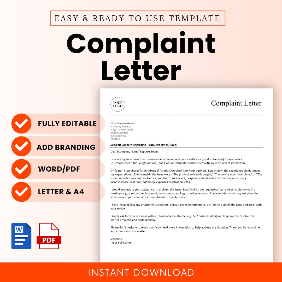 Complaint Letter Template (word, PDF), Formal Complaint Letter ...